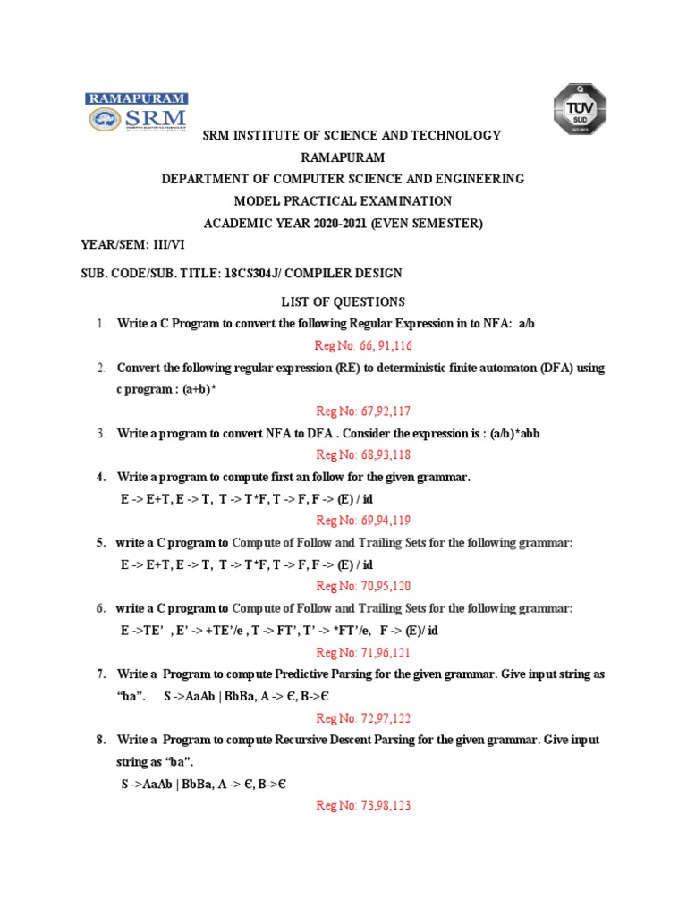 Compiler Design Model Lab Questions | PDF | Parsing | Metalogic