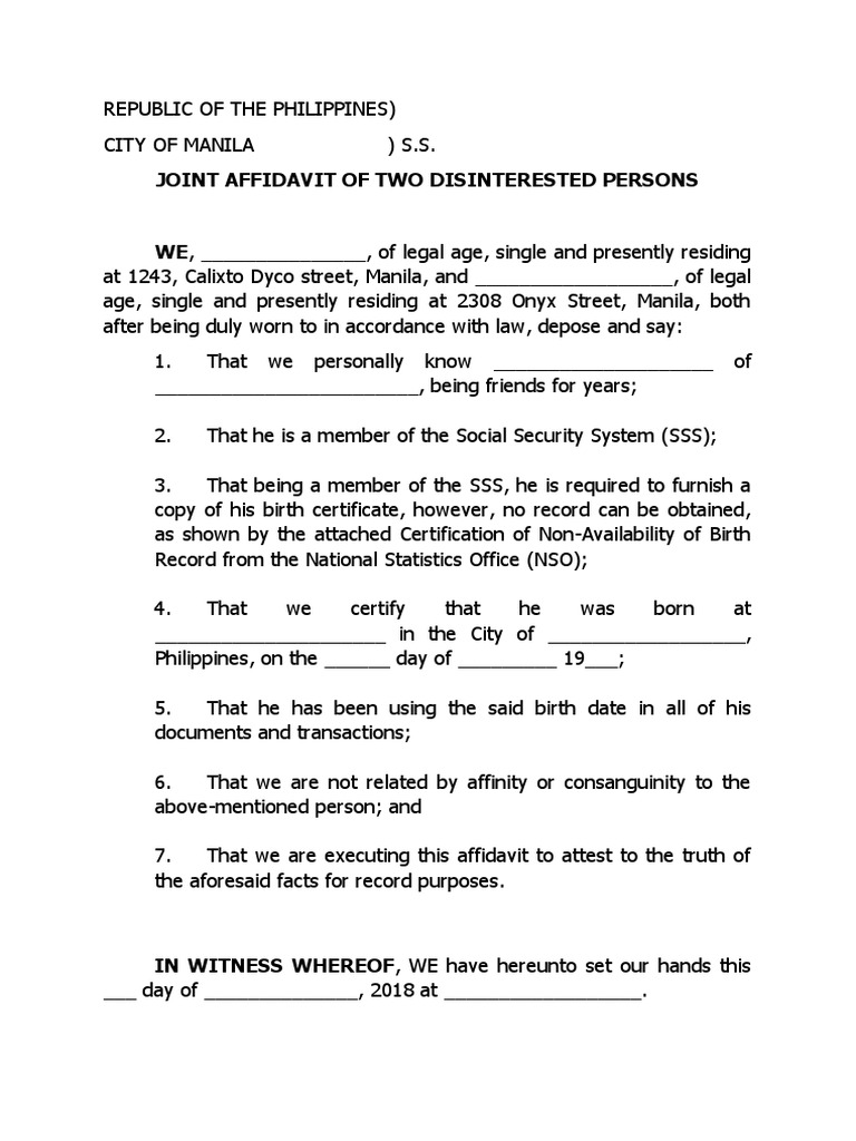 Joint Affidavit of Two Disinterested Persons | PDF