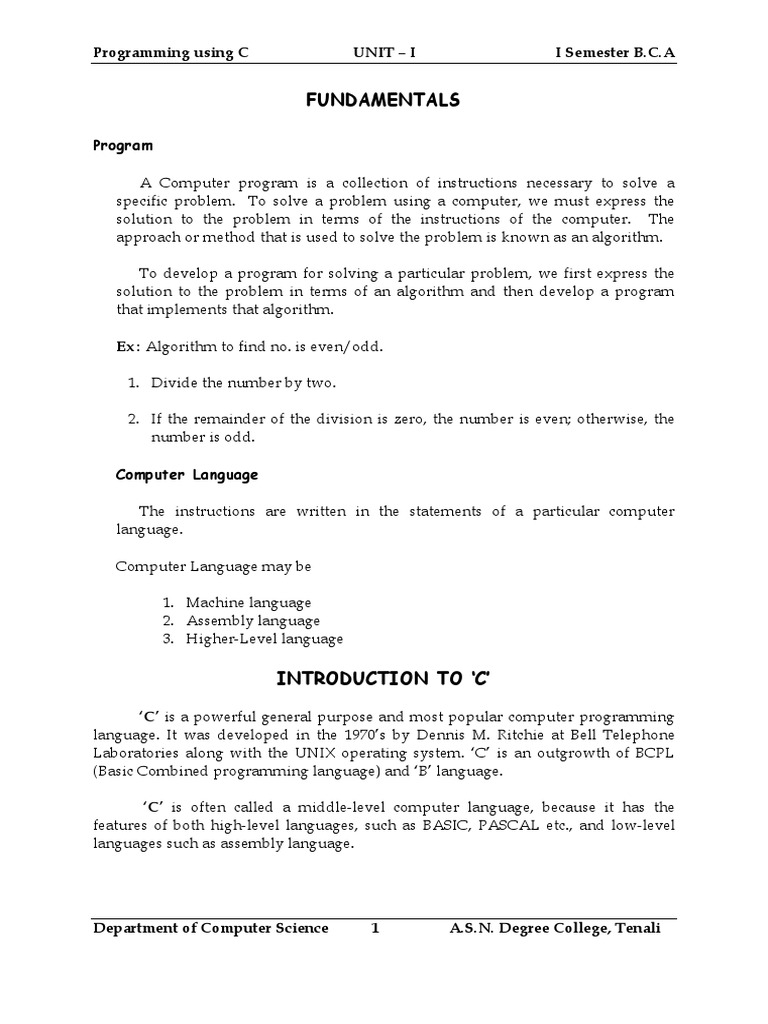 BCA C Program UNIT-I | PDF | Computer Program | Programming