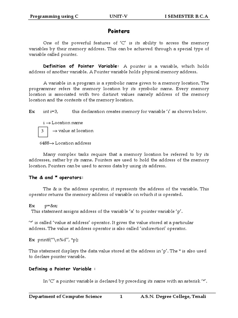 Bca C Program Unit V Pdf Pointer Computer Programming Integer