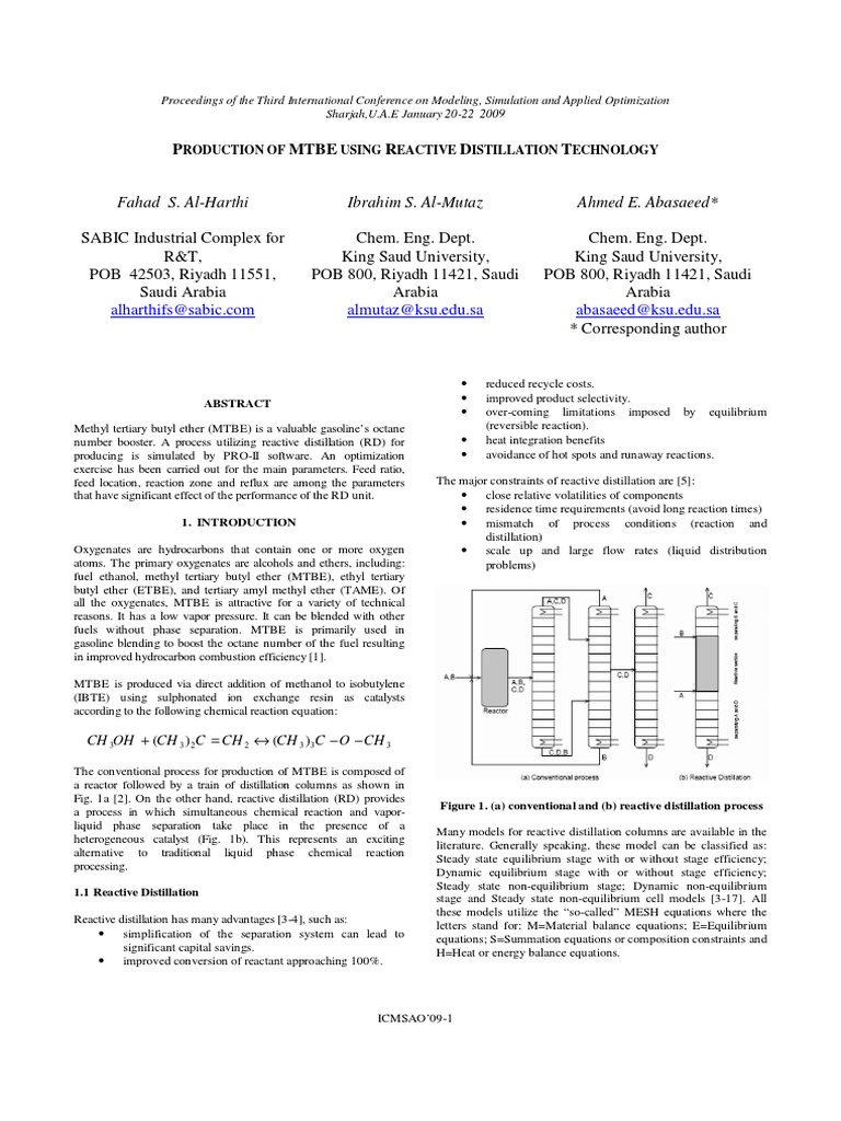 Production of MTBE Using Reactive Distil | PDF | Distillation | Catalysis