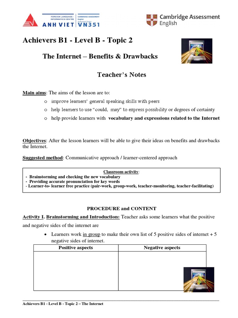 Achievers B1 - Level B - Topic 2 - The Internet - Teacher Note | PDF ...