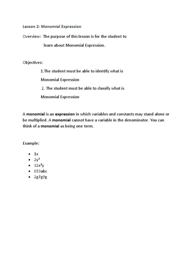 Lesson 2 Monomial Expression | PDF | Career & Growth