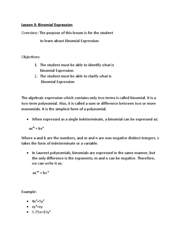 Lesson 3 Binomial Expression | PDF