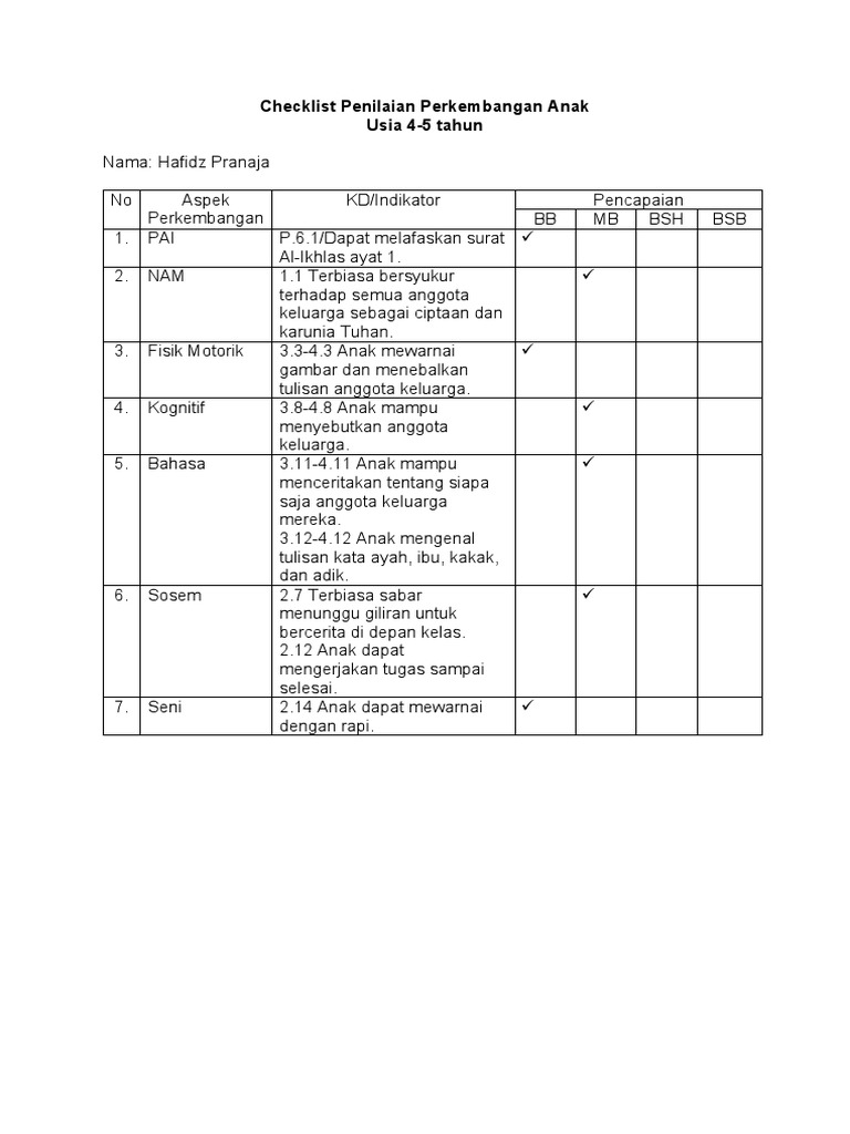 Checklist Penilaian Perkembangan Anak | PDF