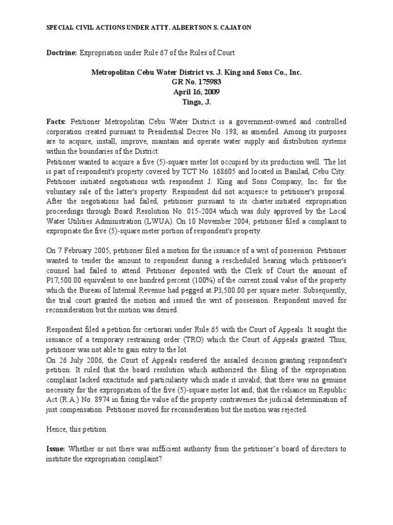Rule 67 - Expropriation - No.7 - Metropolitan Cebu Water District vs. J ...