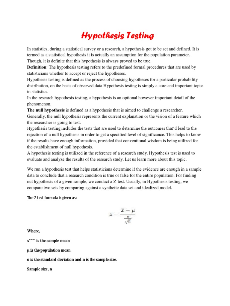 Hypothesis Testing: Definition: The Hypothesis Testing Refers To The ...
