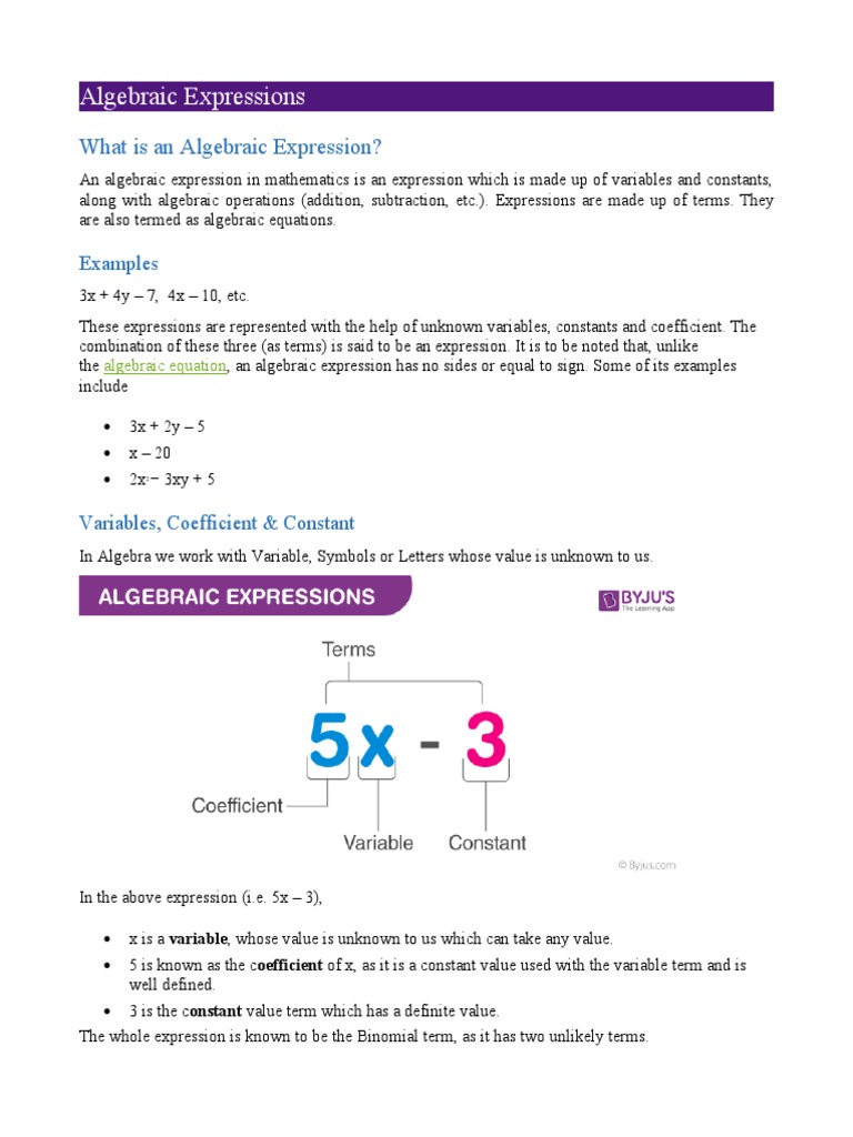 Algebraic Expressions: What Is An Algebraic Expression? | PDF | Variable (Mathematics) | Polynomial