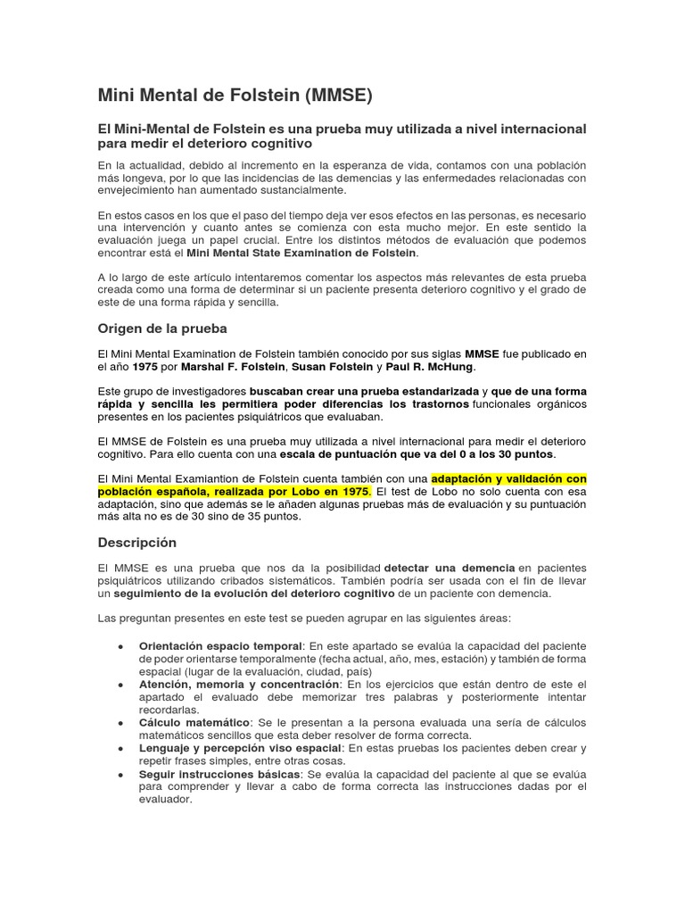 PC - Explicaciòn Del Mini Mental de Folstein (MMSE) | PDF ...