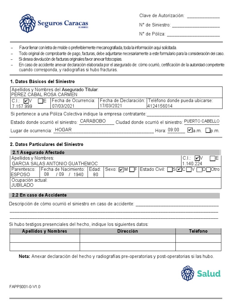 Declaracion de Siniestro Salud ANTONIO GARCIA | PDF | Póliza de seguros | Seguro