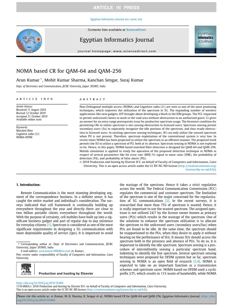 Analysis of NOMA Based Matched Filter Spectrum Detection for Efficient Spectrum Sensing in ...