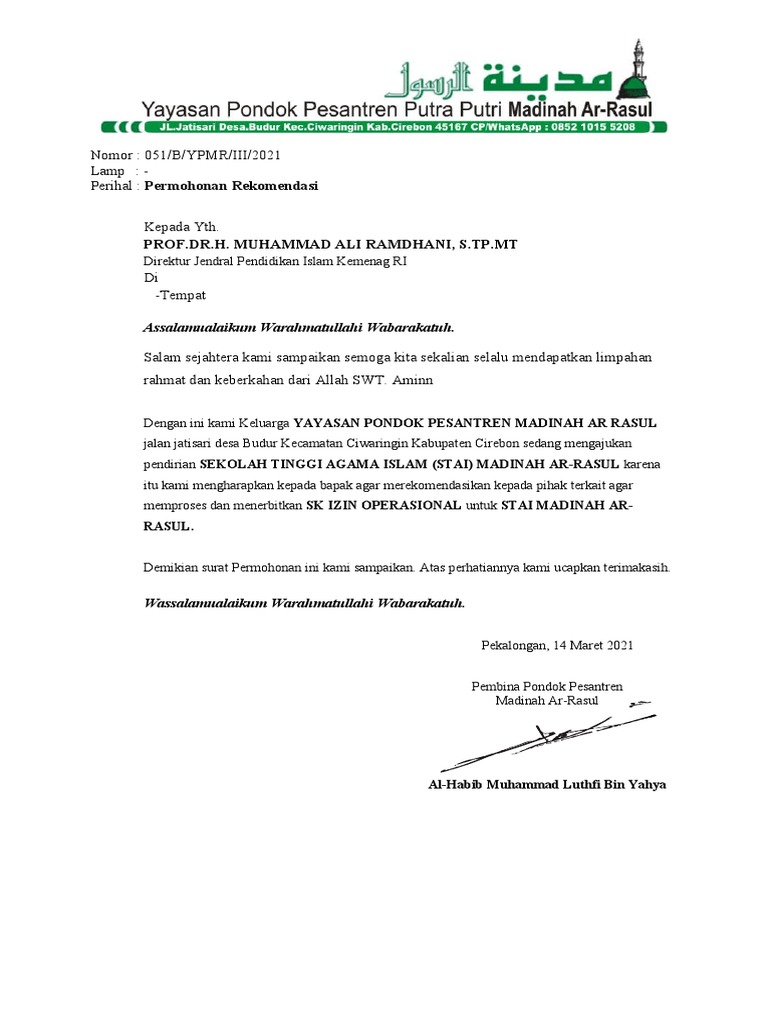 Permohonan Rekomendasi STAI Madinah Ar-Rasul | PDF | Kesehatan Holistik