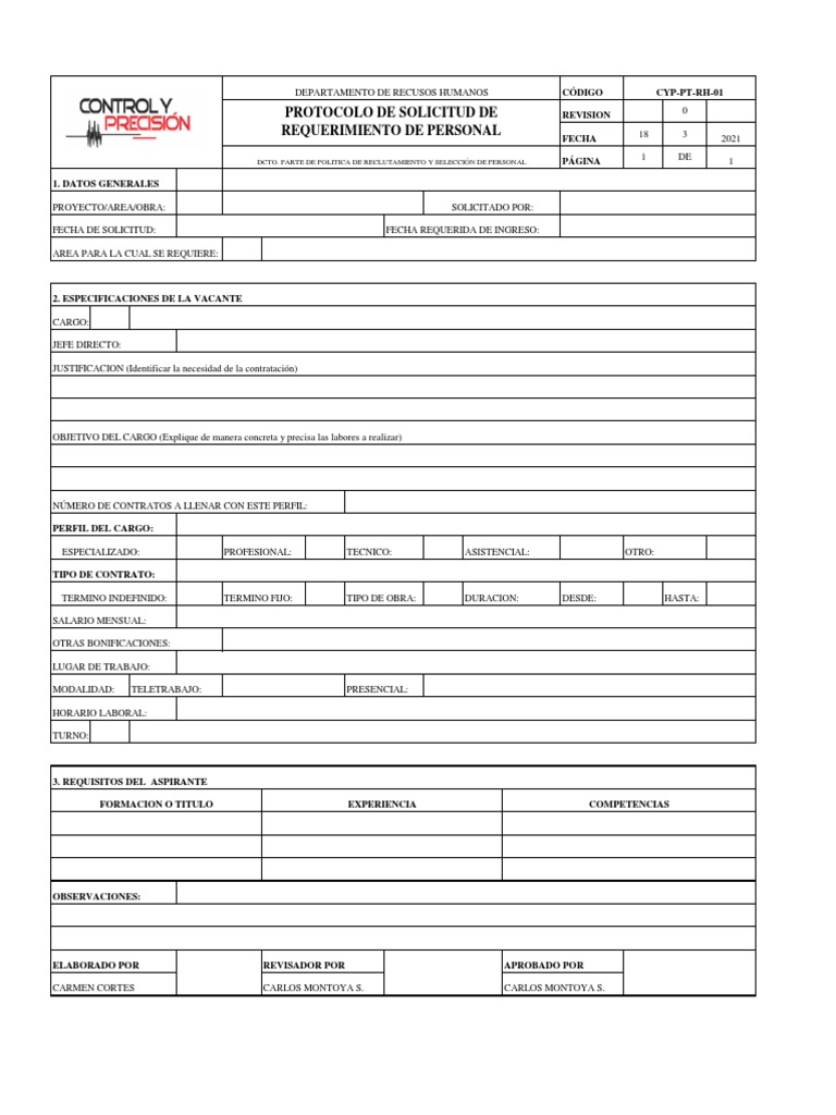 Plantilla Requerimiento de Personal | PDF