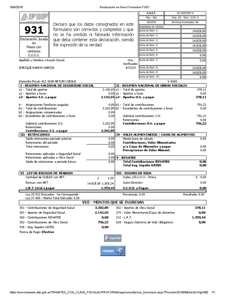 Declaración Formulario F.931 | PDF | Business | Gobierno