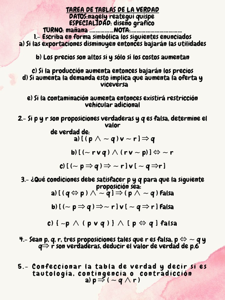 Tabla de verdad y proposiciones lógicas | PDF