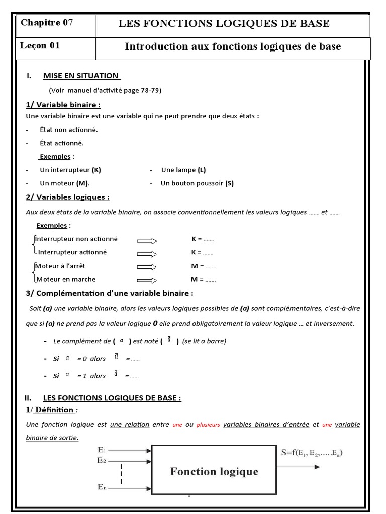 Chapitre 7 Les Fonctions Logiques de Base | PDF