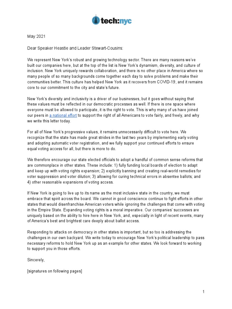 Tech:NYC Voting Rights Letter | PDF | Voting | Political Events