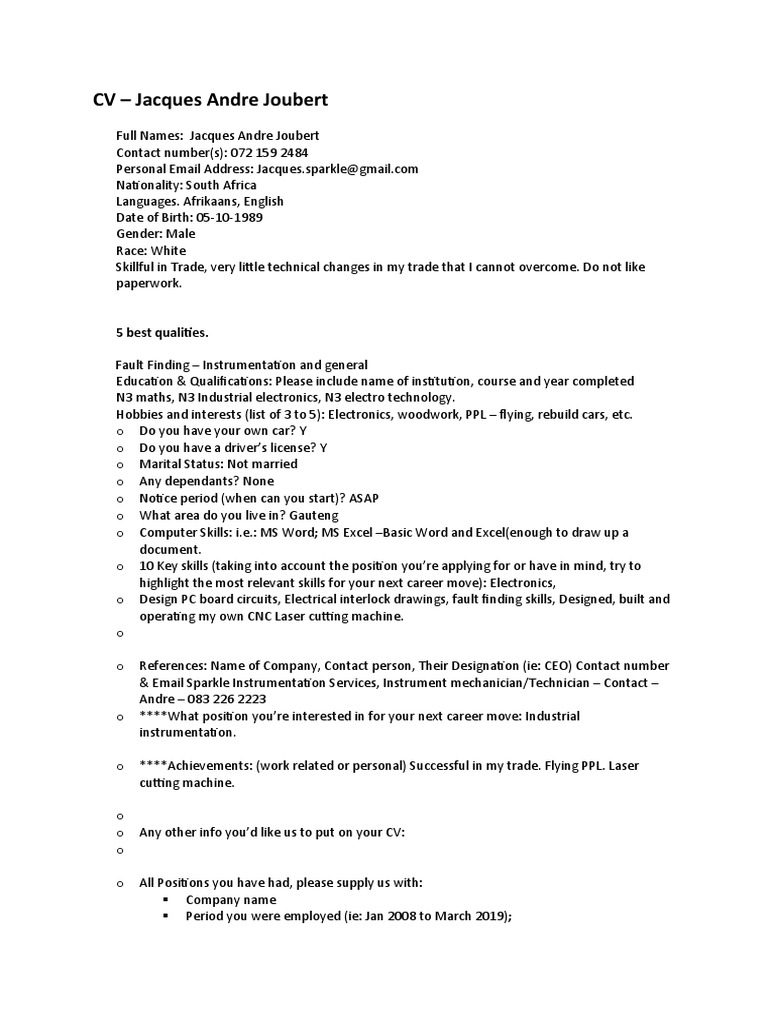 CV - Jacques Andre Joubert: 5 Best Qualities | PDF | Science | Science And Technology