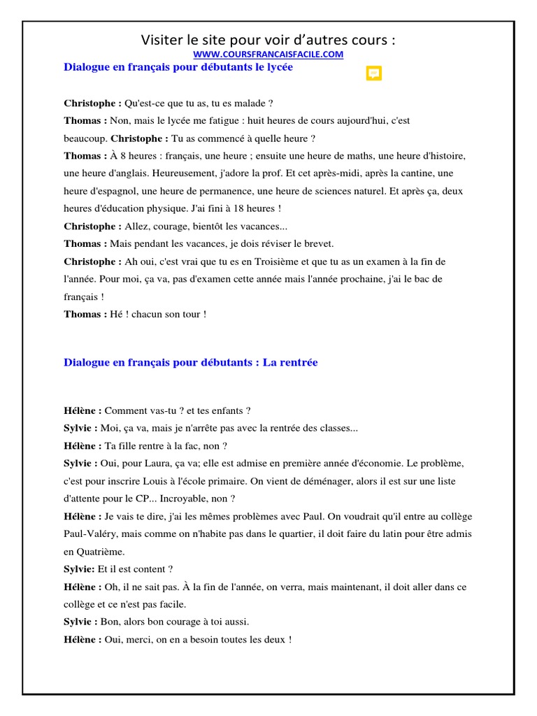 Dialog11ue en Français Pour Débutants PDF L'école Et Les Études | PDF ...