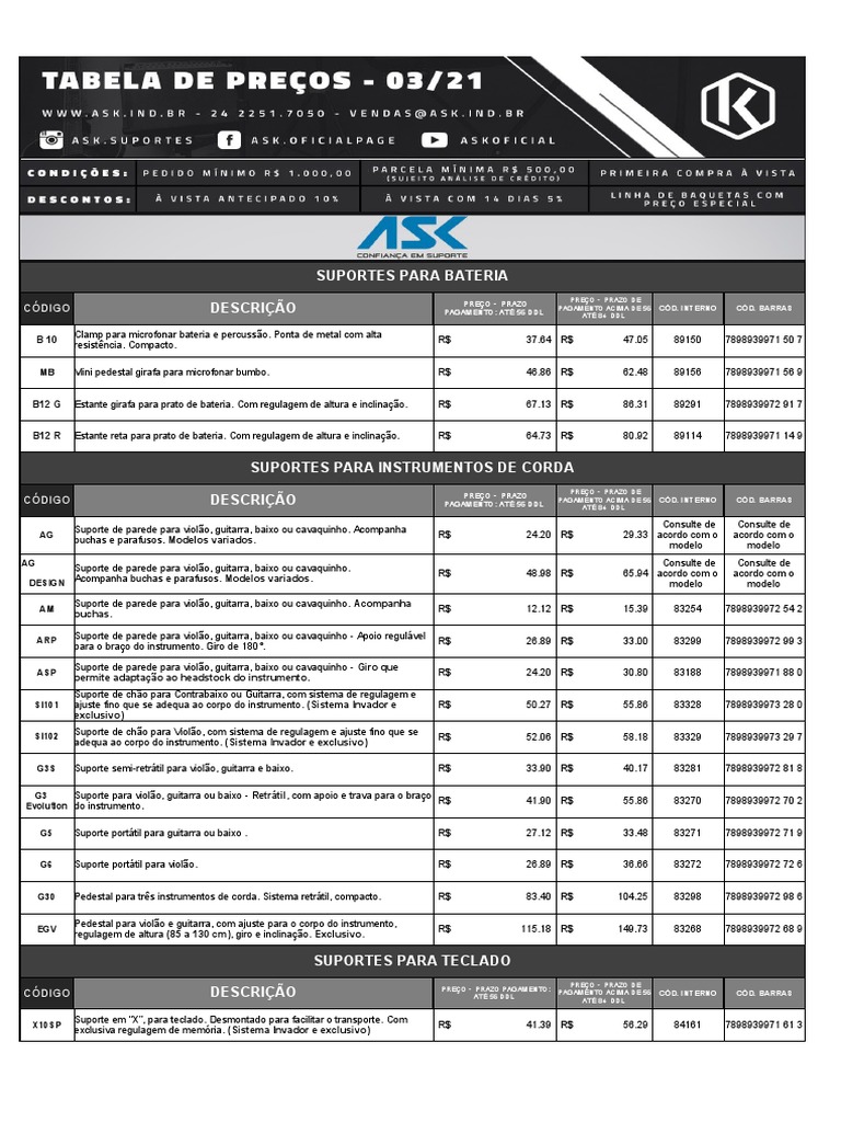 Tabela de Preco Ask 2021 | PDF | Guitarras | Saxofone