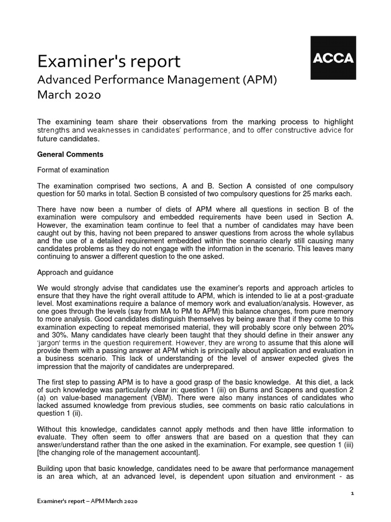 APM Examiner's Report M20 | PDF | Question | Performance Indicator