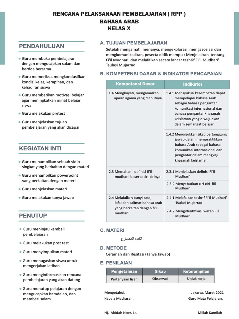 RPP Pembelajaran Fi'il Mudhari Kelas X | PDF