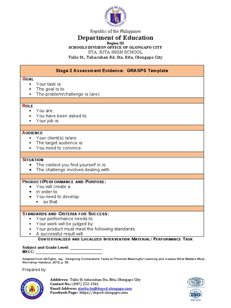 Department of Education: Stage 2 Assessment Evidence: GRASPS Template ...