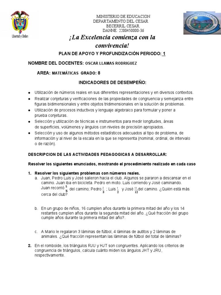 Plan de Apoyo Matemáticas Grado 8 | PDF | Triángulo | Enseñanza de ...