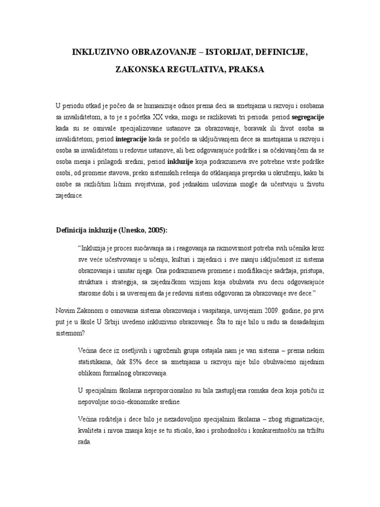 Inkluzija I Inkluzivno Obrazovanje - Osnovni Pojmovi, Zakoni, Praksa | PDF
