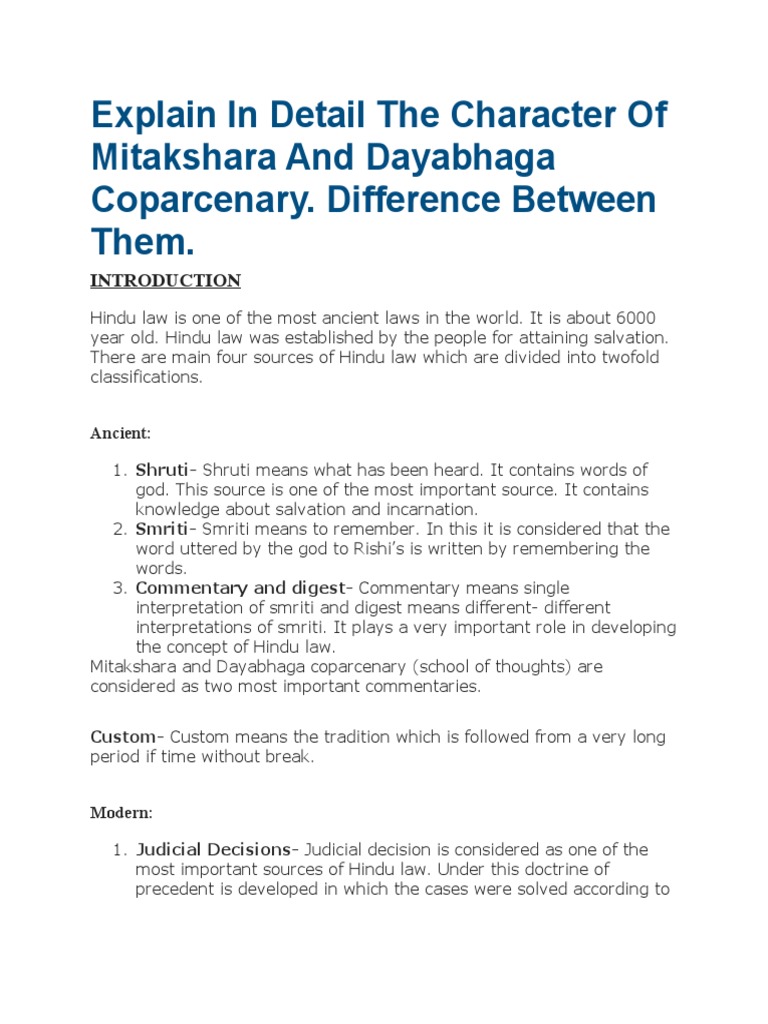 Explain in Detail The Character of Mitakshara and Dayabhaga Coparcenary ...