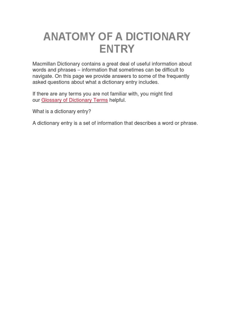 Anatomy of A Dictionary Entry | PDF | Dictionary | Word