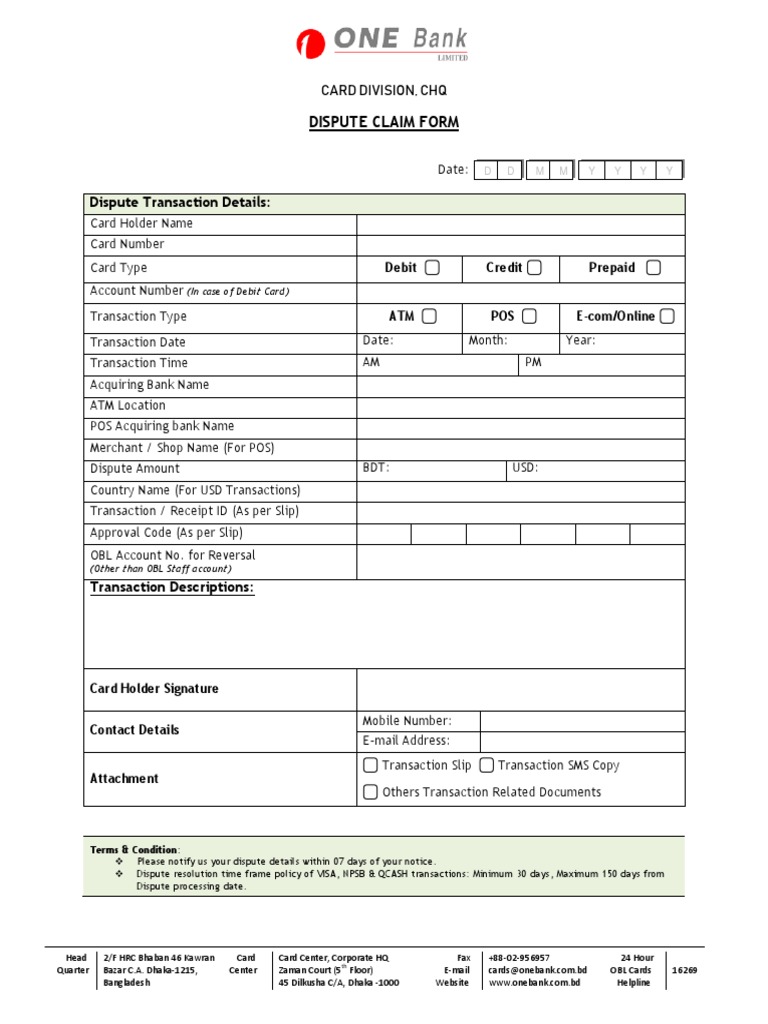 Card Dispute Claim Form - OBL | PDF | Debit Card | Financial Transaction