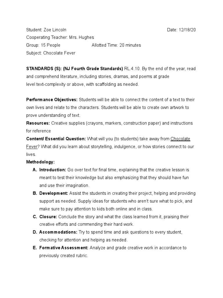 Chocolate Fever Lesson Plan for Students | PDF
