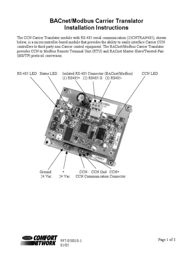 Bacnet/Modbus Carrier Translator Installation Instructions | PDF ...