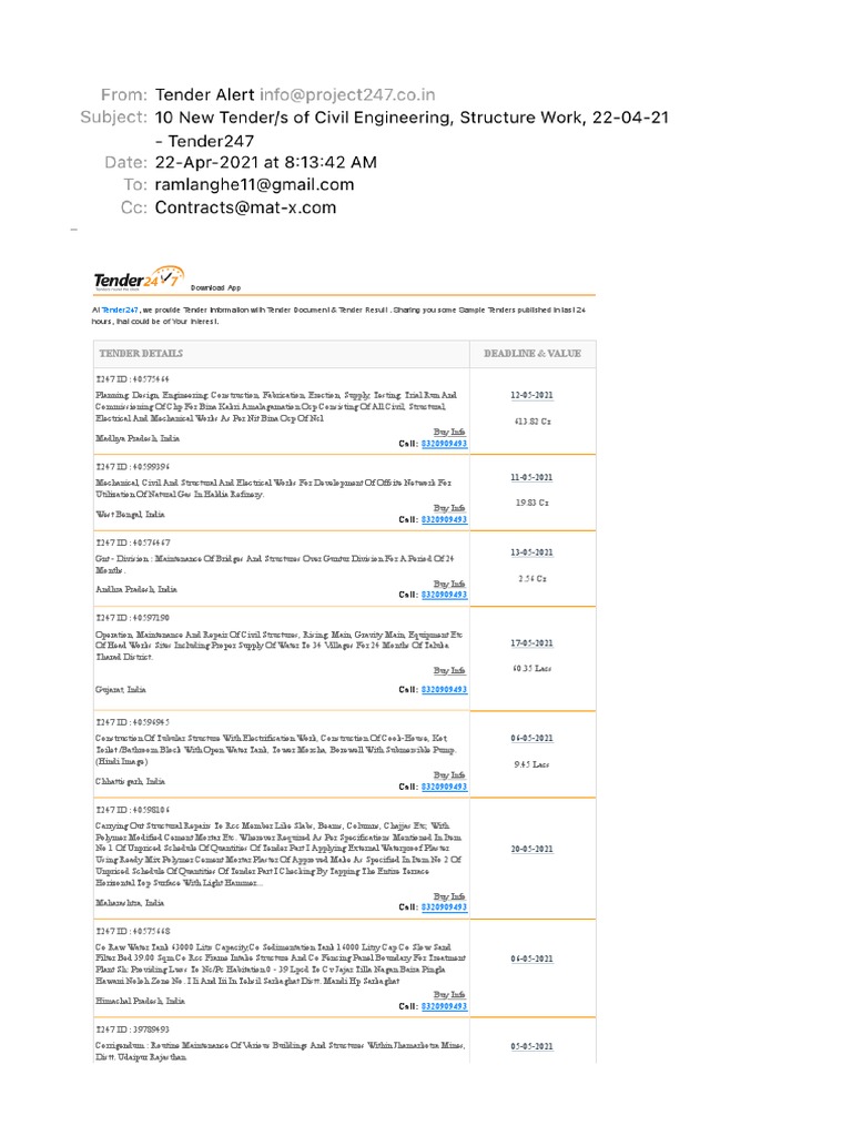 10 New Tenders of Civil Engineering, Structure Work, 22-04-21 ...