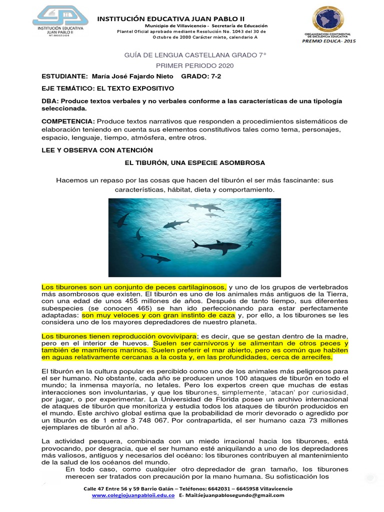 Español - Guia de Los Tiburones - Fajardo Nieto Maria Jose - 7-2 | PDF ...