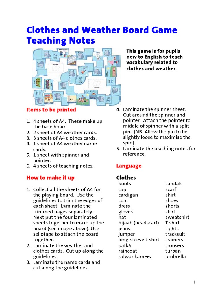 Clothes and Weather Board Game Guide | PDF | Clothing | Softlines (Retail)