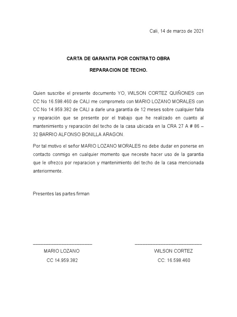 Carta de Garantia Por Contrato de Obra Techo Bonilla Aragon | PDF