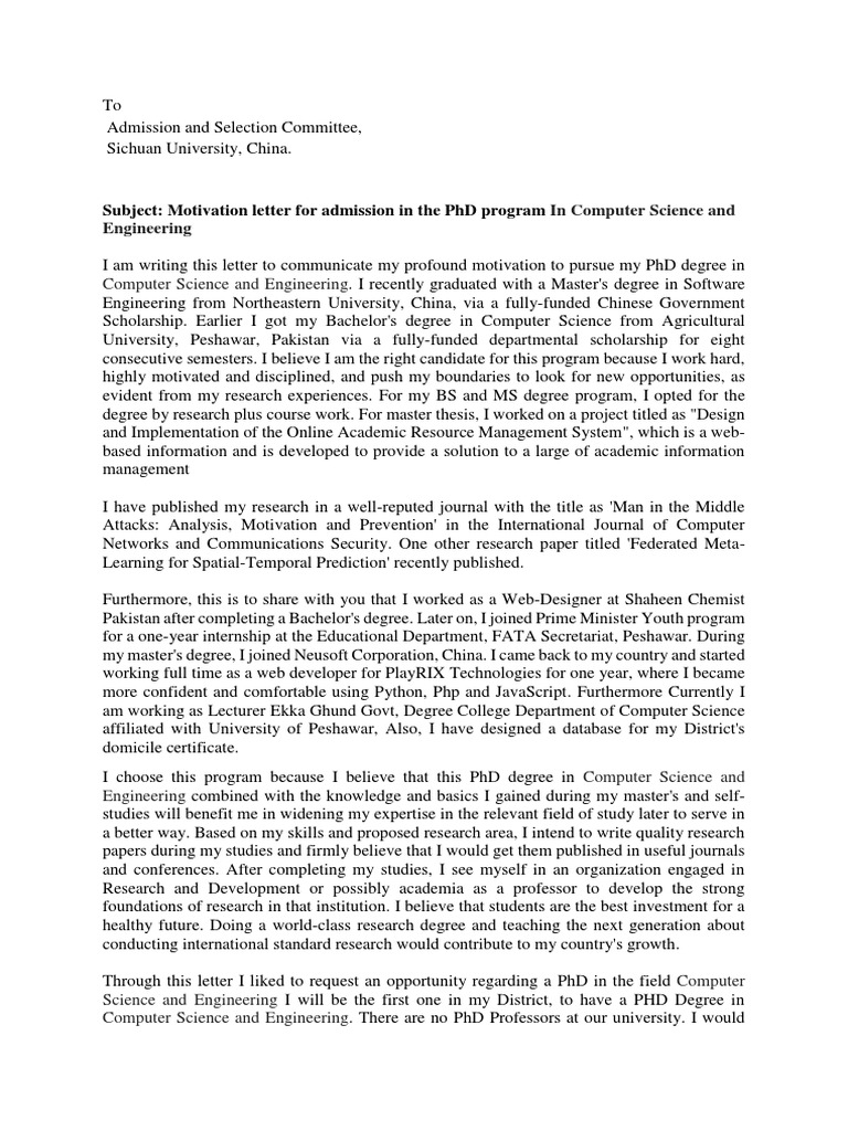 Subject: Motivation Letter For Admission in The PHD Program: in ...