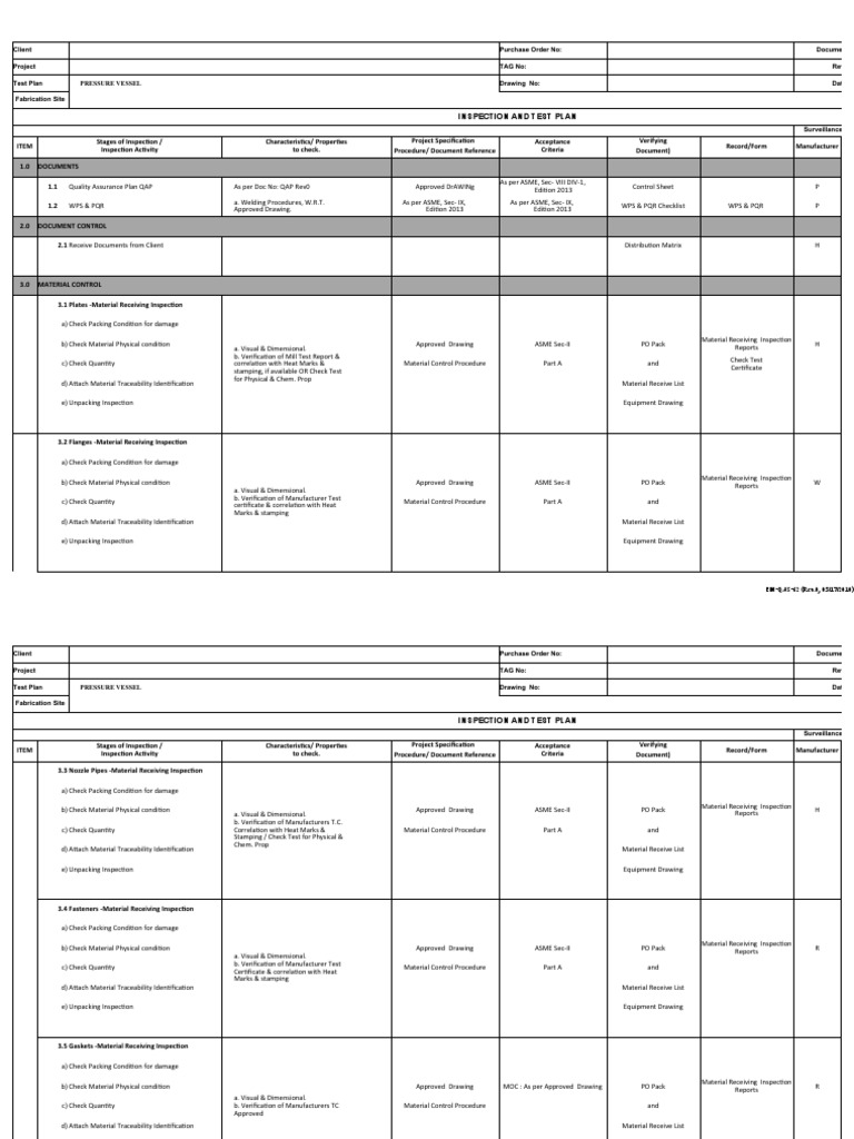 Pressure Vessel ITP Rev 0 | PDF | Verification And Validation | Specification (Technical Standard)