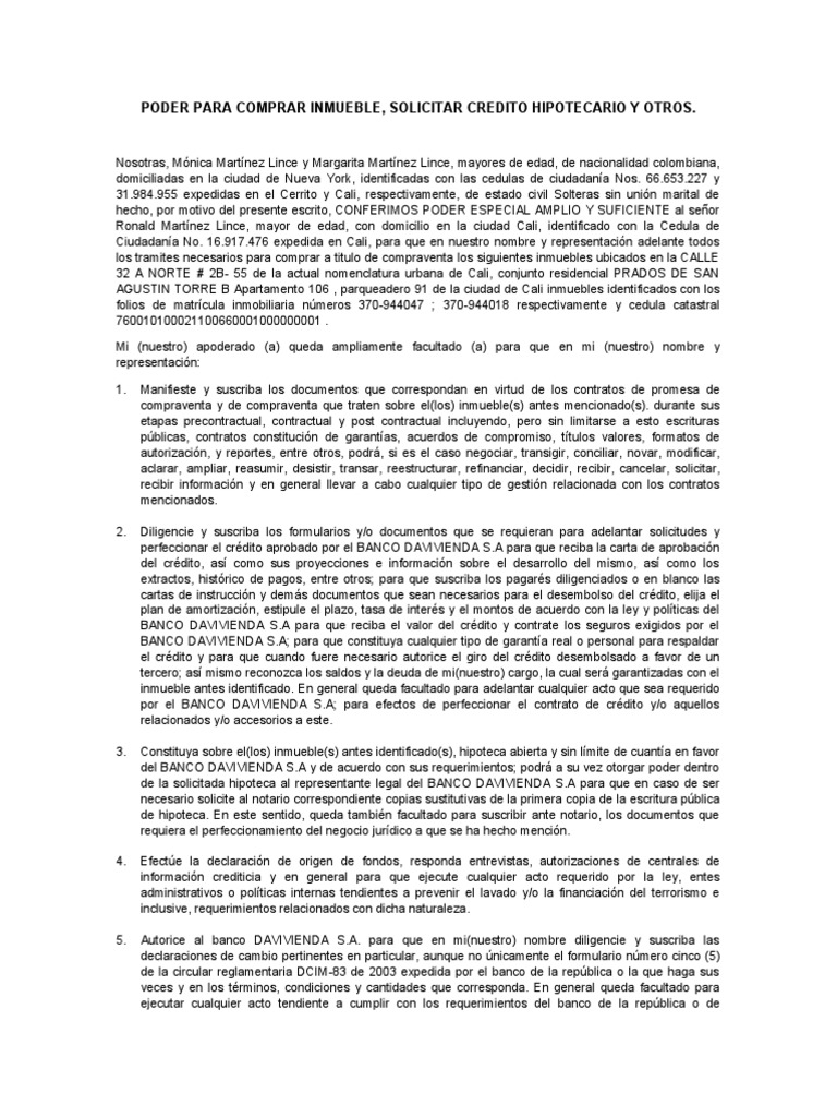 PODER PARA COMPRAR INMUEBLE Ronald | PDF | Hipoteca Comercial ...