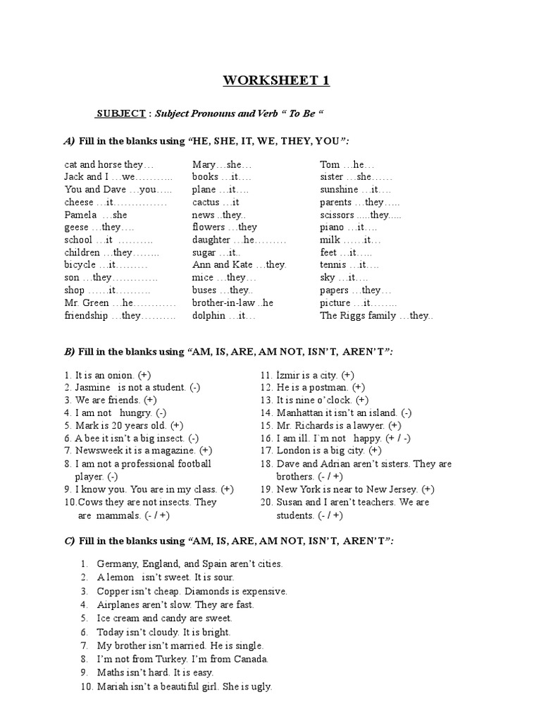 Worksheet 1: SUBJECT: Subject Pronouns and Verb " To Be " | PDF