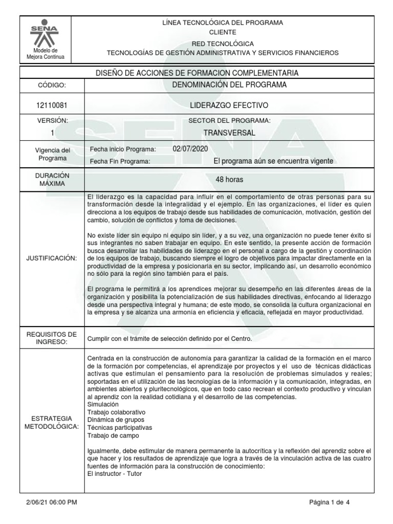 Informe Programa de Formación Complementaria | PDF | Liderazgo | Planificación