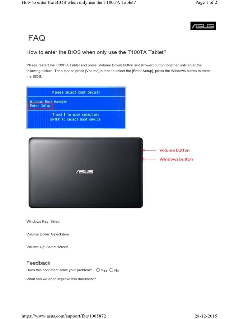 How To Enter The BIOS When Only Use The T100TA Tablet | PDF