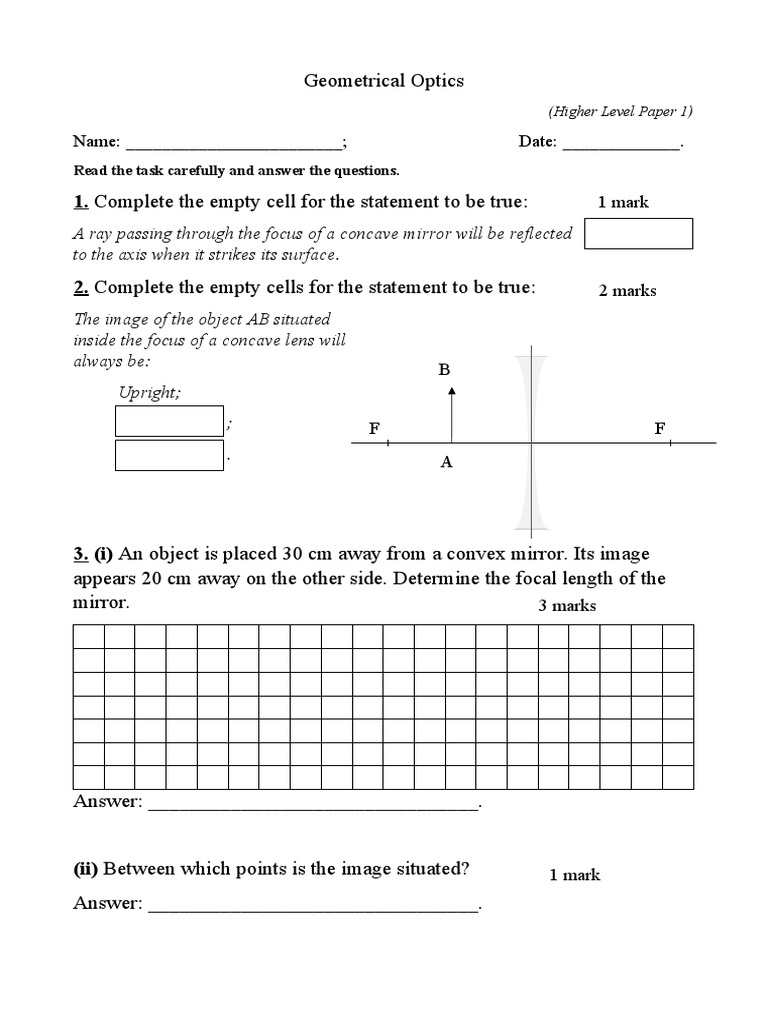Geometrical Optics. Test Paper 1 (HL) | PDF | Mirror | Natural Philosophy