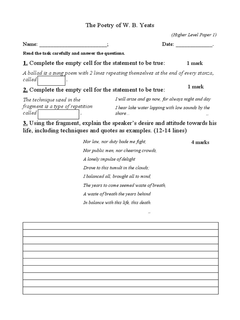 Yeats Poetry Analysis Guide | PDF | Poetry