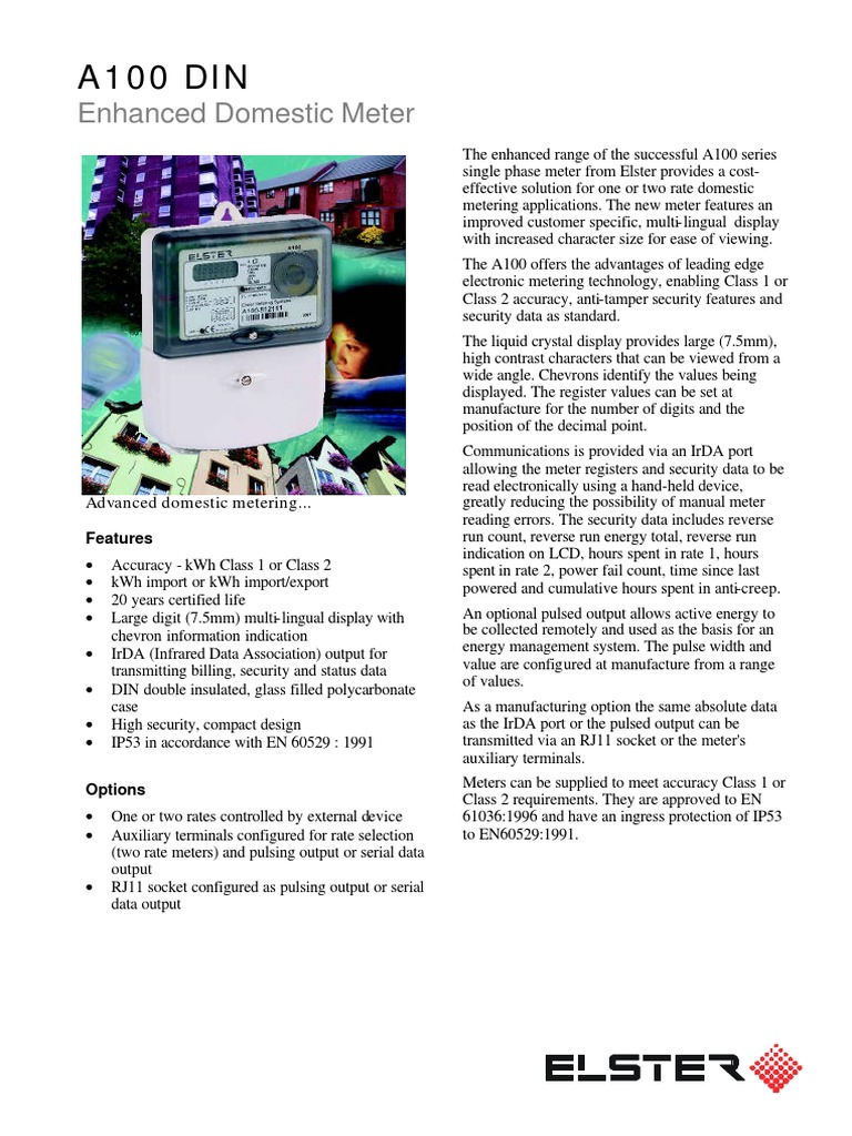 A100 DIN: Enhanced Domestic Meter | PDF | Electromagnetism | Electrical ...