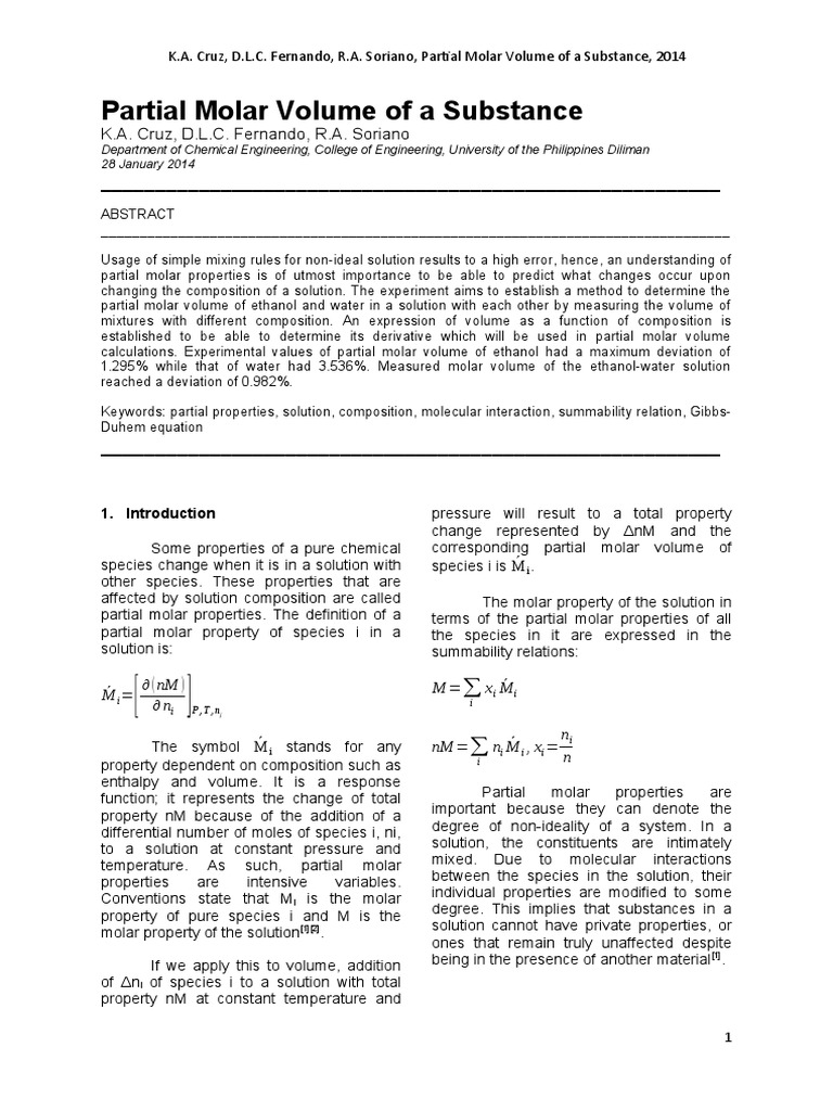 Formal Report On Partial Molar Volume Experiment | PDF | Mole (Unit) | Solution