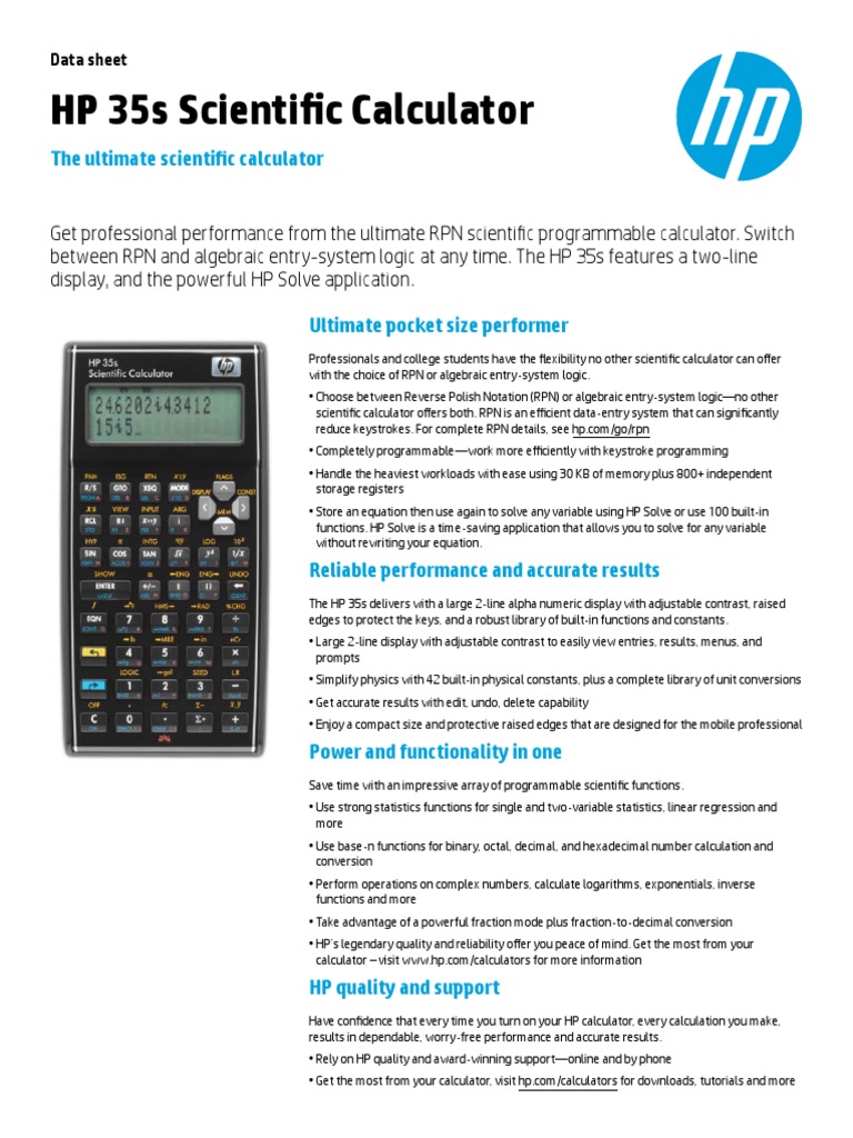 HP 35s Scientific Calculator - Data Sheet | PDF