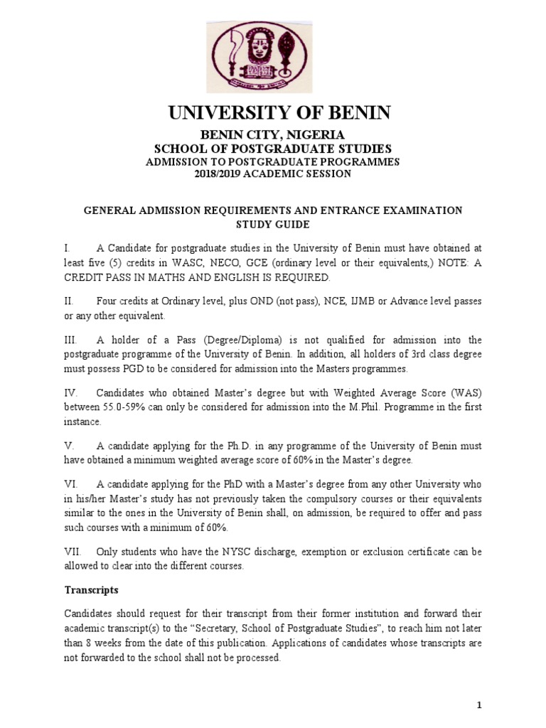 UNIBEN Postgraduate Admission Guide | PDF | Postgraduate Education ...